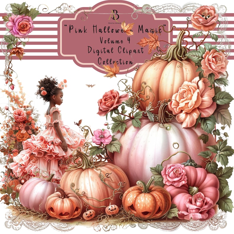 Clipart, Digital, PNG, Whimsical Halloween Pumpkins "pink Halloween ...
