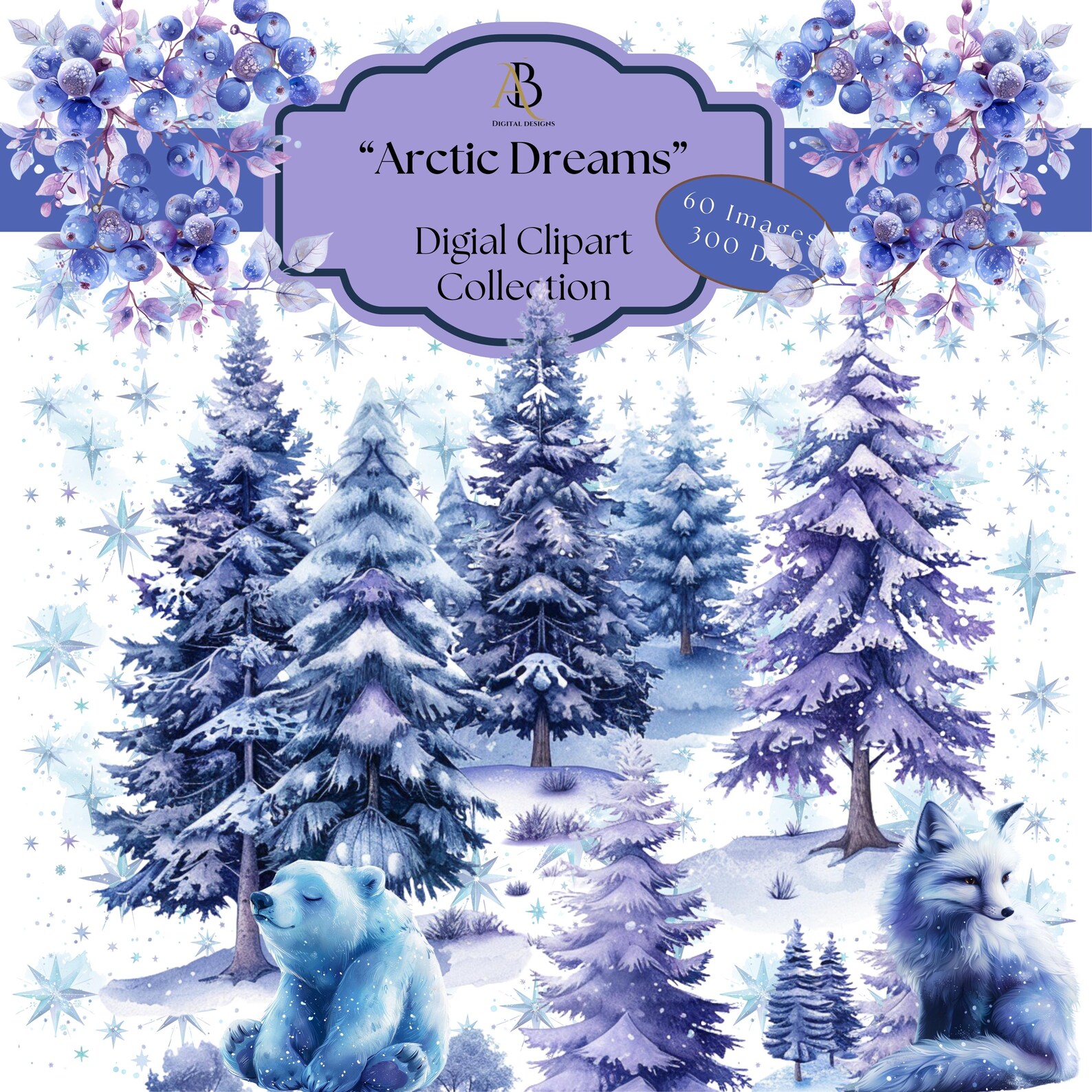 Arctic Dreams Clipart, Winter Animals, Snowy Mountains, Frosted Trees ...