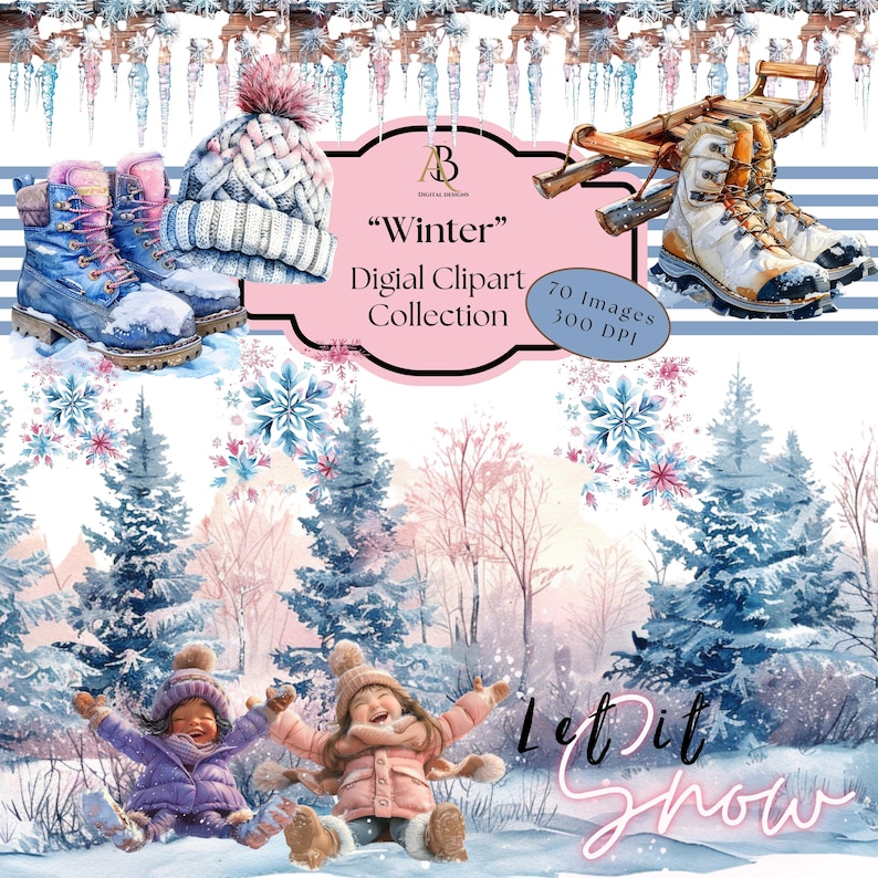 Winter Clipart Collection, Blue and Pink PNG Graphics (digital Download ...