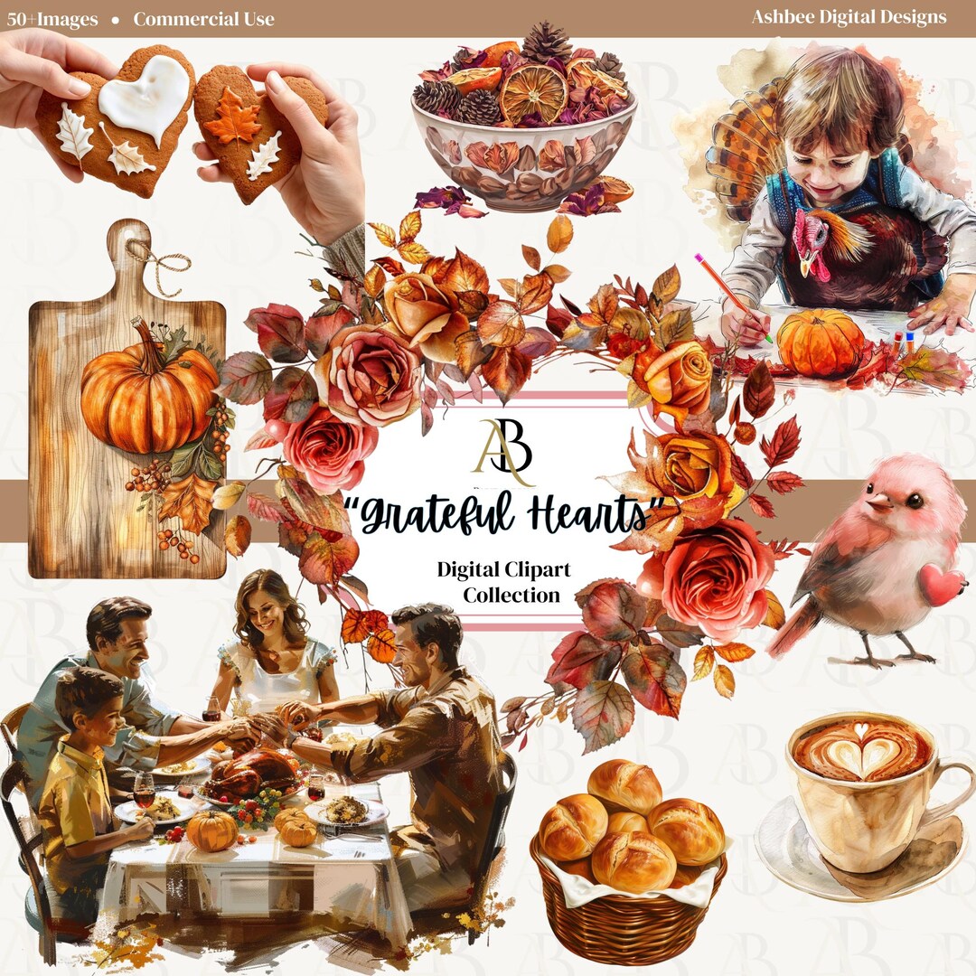 Grateful Hearts Fall Clipart, 50+ Bundle, Thanksgiving, Autumn, Cozy ...