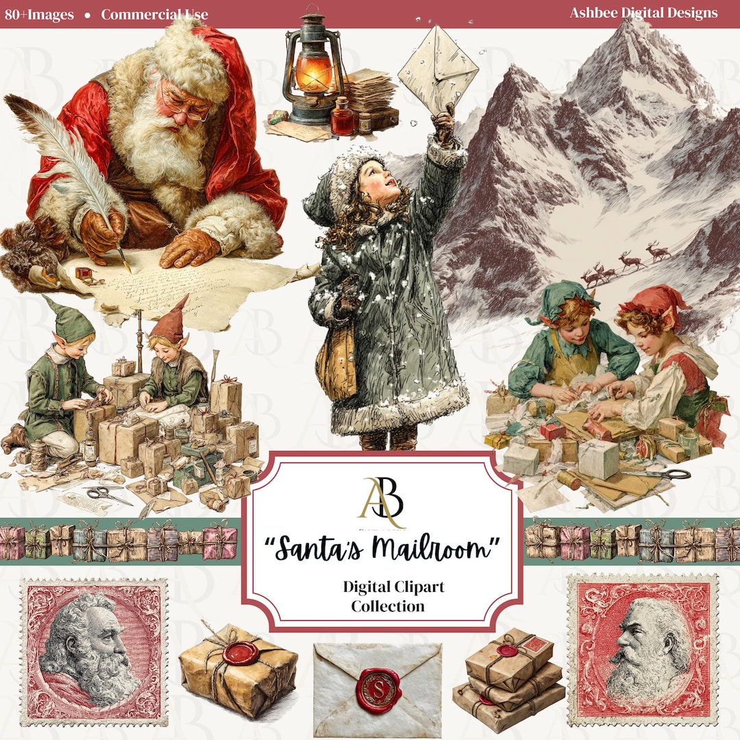 Santa’s Mailroom Christmas Clipart | Vintage Ink Realistic Christmas ...