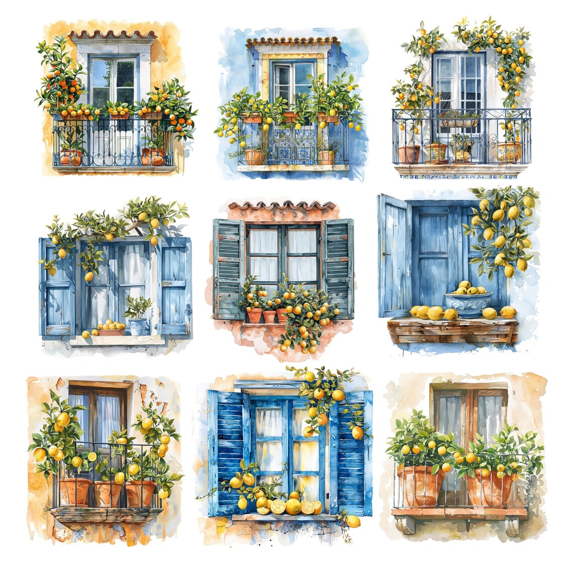 Lemons by the Sea Clipart, Mediterranean Citrus Tiles, Summer Seaside ...