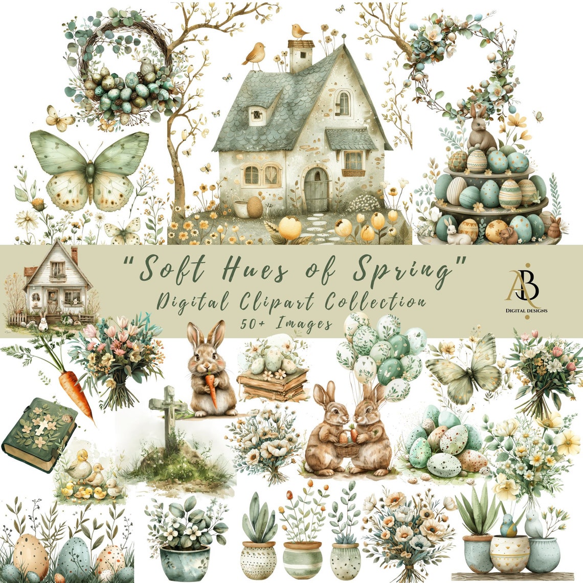 Clipart Digital Clipart PNG Spring Easter Bunnies Flowers Clipart ...