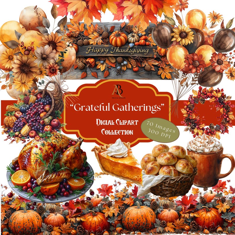 Thanksgiving Dinner Clipart, Digital, Turkey, Desserts, Cornucopia ...