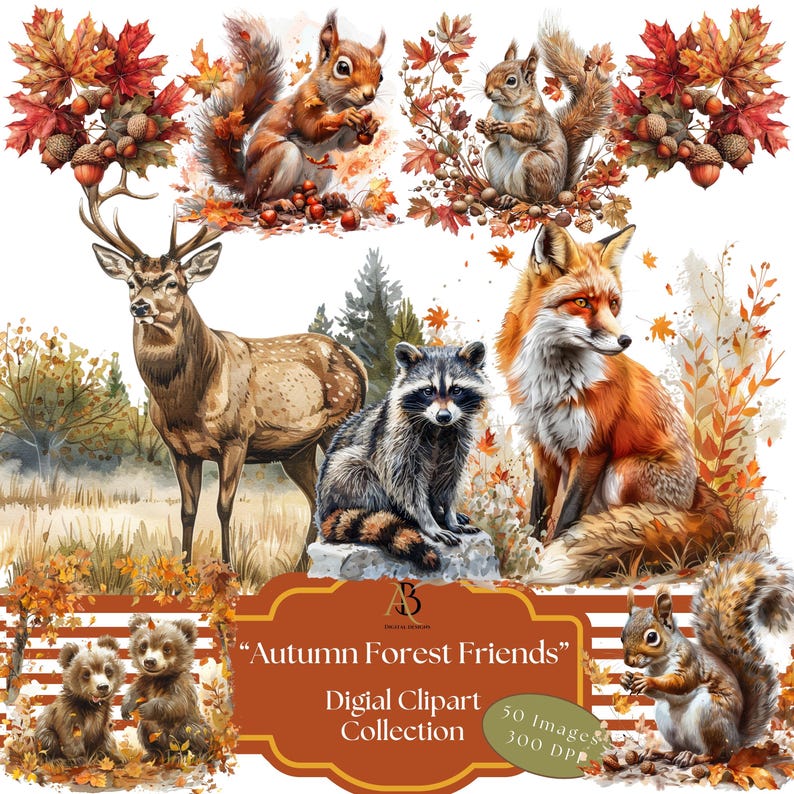 Digital Clipart "autumn Forest Friends", 50 Fall Woodland Animal Png's ...