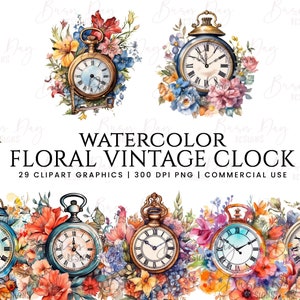 Watercolor Floral Vintage Clock Clipart: 29 PNG Graphics (digital ...