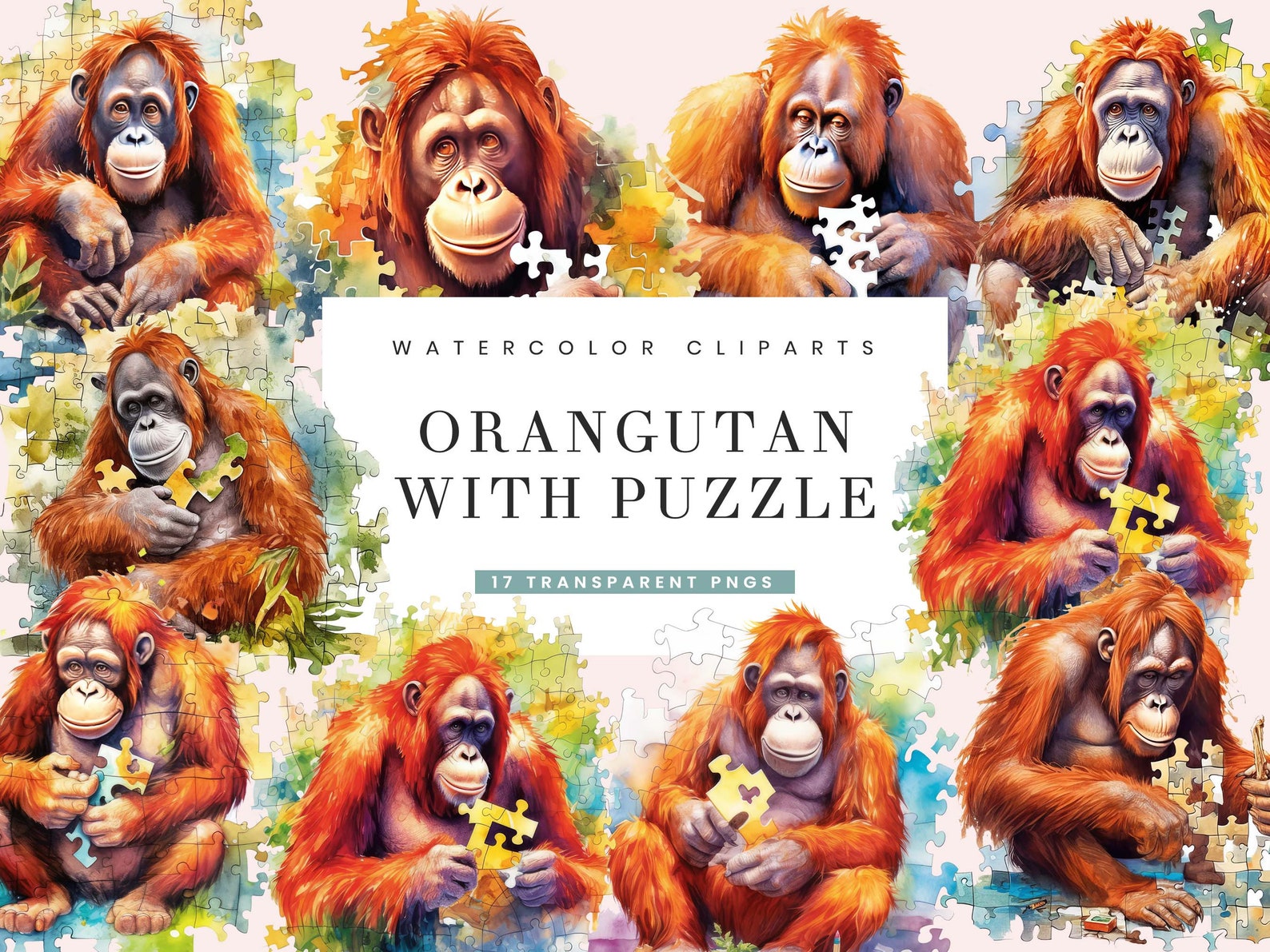 17 Watercolor Orangutan With Puzzle Clipart Bundle Sublimation Designs ...