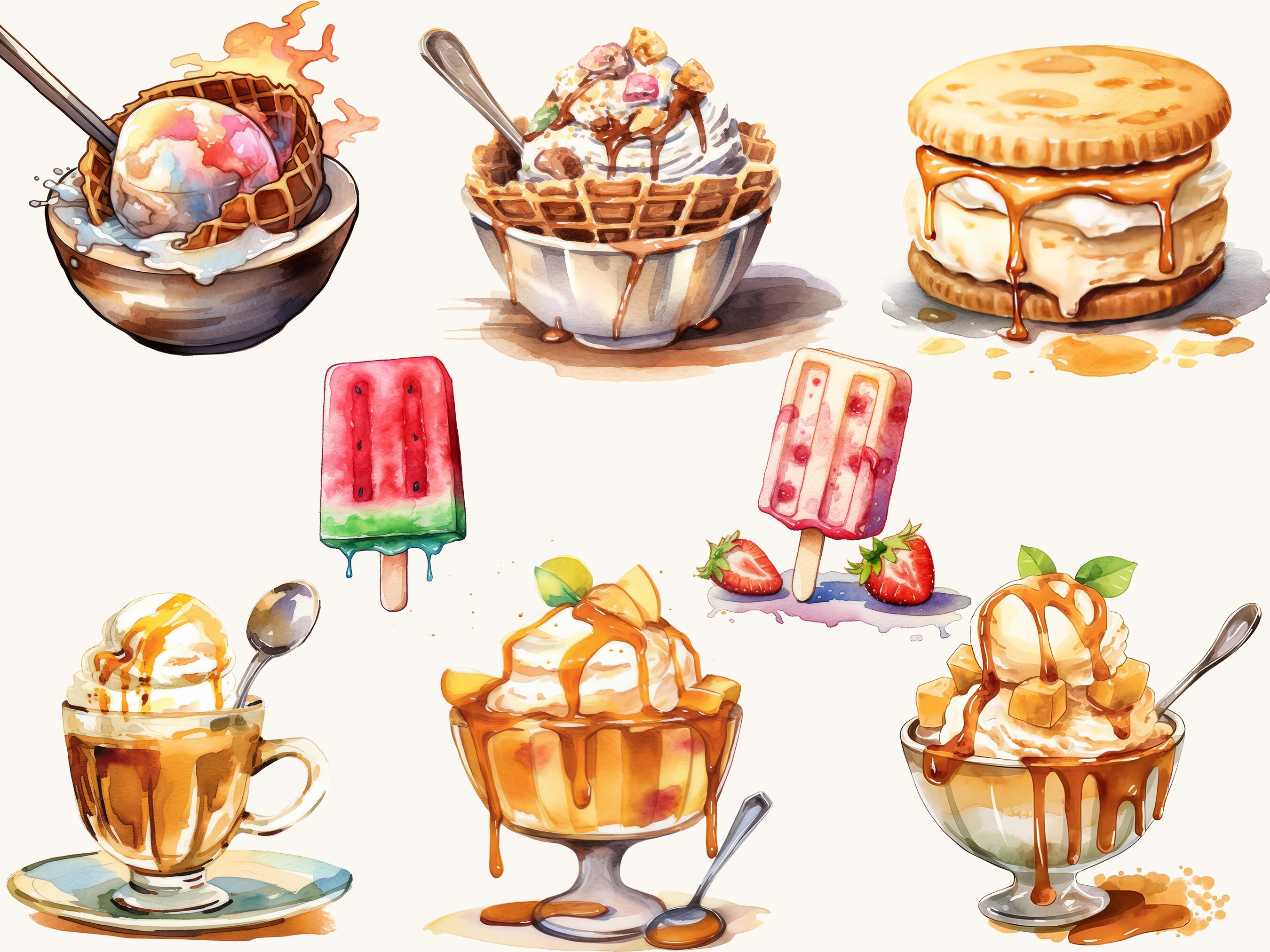 30 Watercolor Ice Cream Clipart Bundle , Watercolor Clipart, Digital ...
