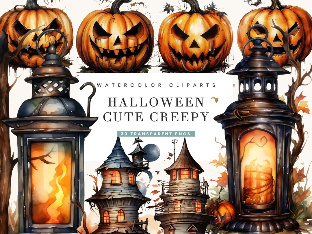 Watercolor Halloween Clipart Bundle: 30 Creepy PNG Designs (digital ...