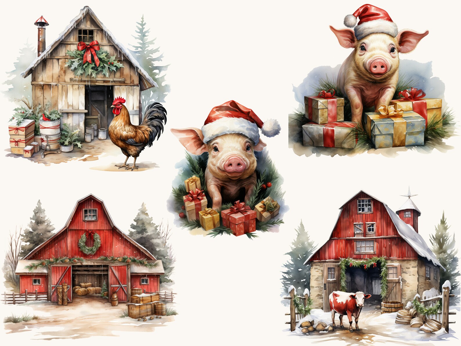 Watercolor Cottage Farm Christmas Clipart Bundle (digital Download) - Etsy