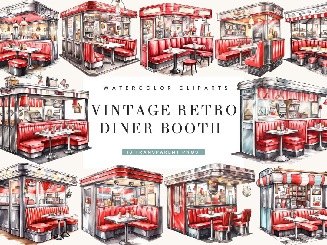 16 Watercolor Retro Diner Booth Clipart Bundle Digital Download ...