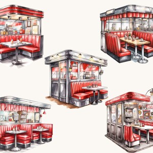 16 Watercolor Retro Diner Booth Clipart Bundle Digital Download ...