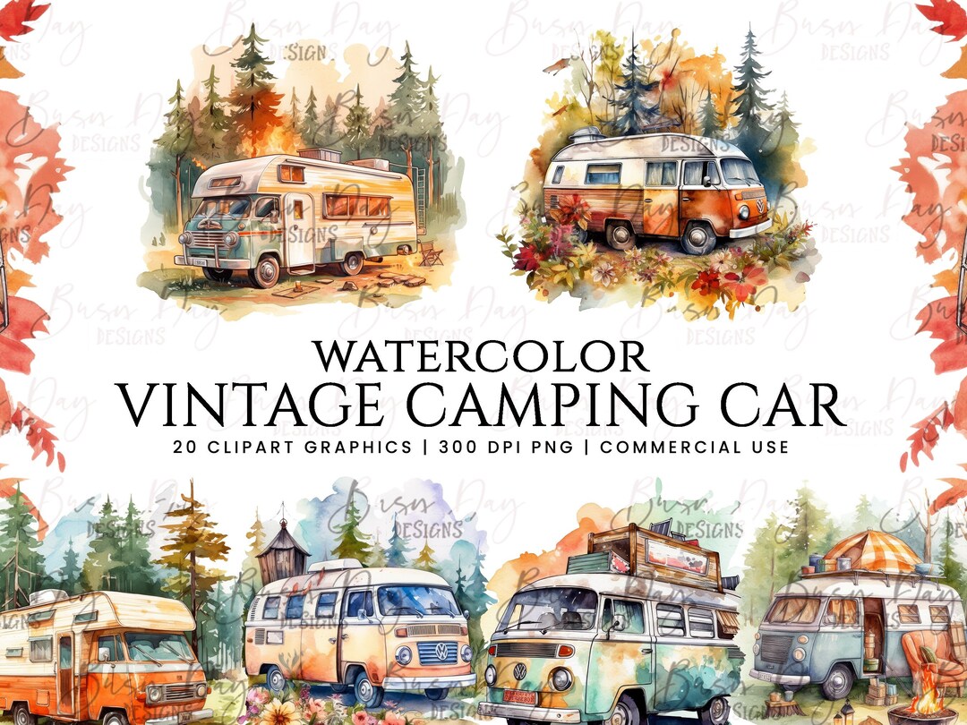 Watercolor Vintage Camping Car Clipart: 20 PNG Designs (digital ...
