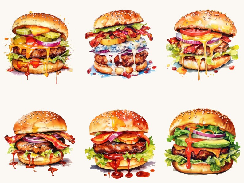 Watercolor Burger Clipart Bundle: 30 PNG Designs (digital Download) - Etsy