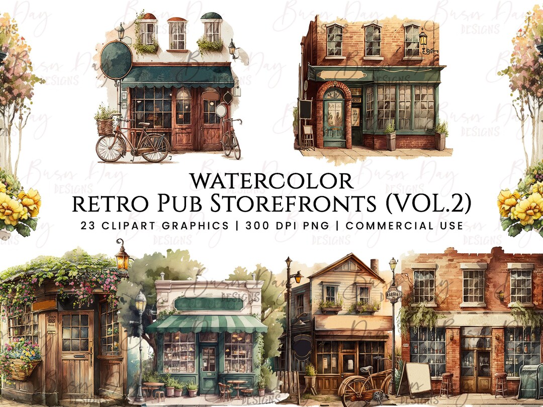 Watercolor Retro Pub Storefronts Vol 2 Clipart , Commercial Use ...