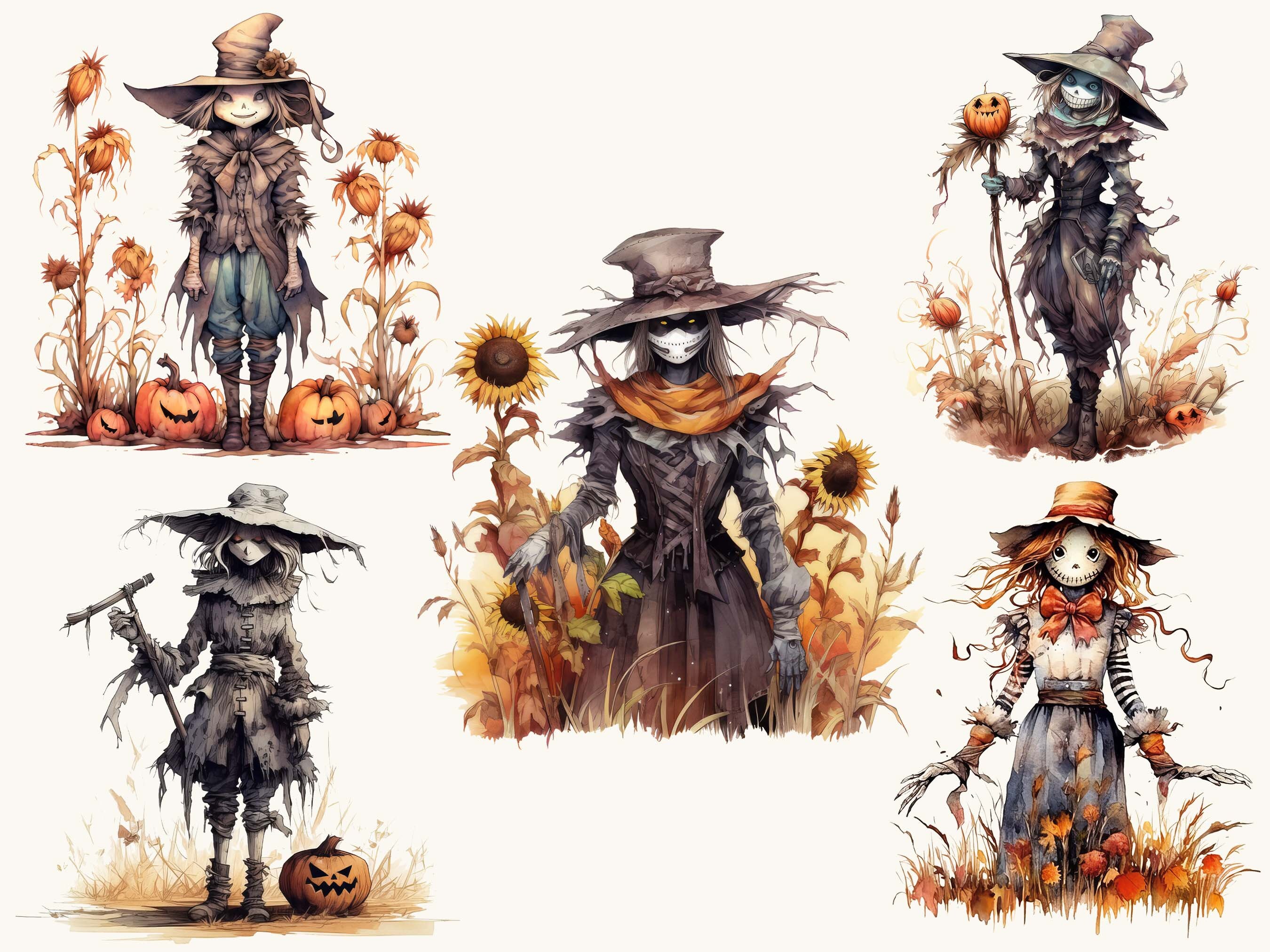 Watercolor Halloween Scarecrow Clipart: 17 PNG Sublimation Designs ...