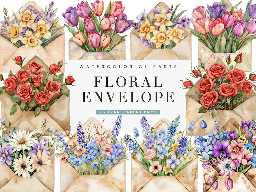 25 Watercolor Floral Envelope Clipart Bundle Sublimation Designs ...