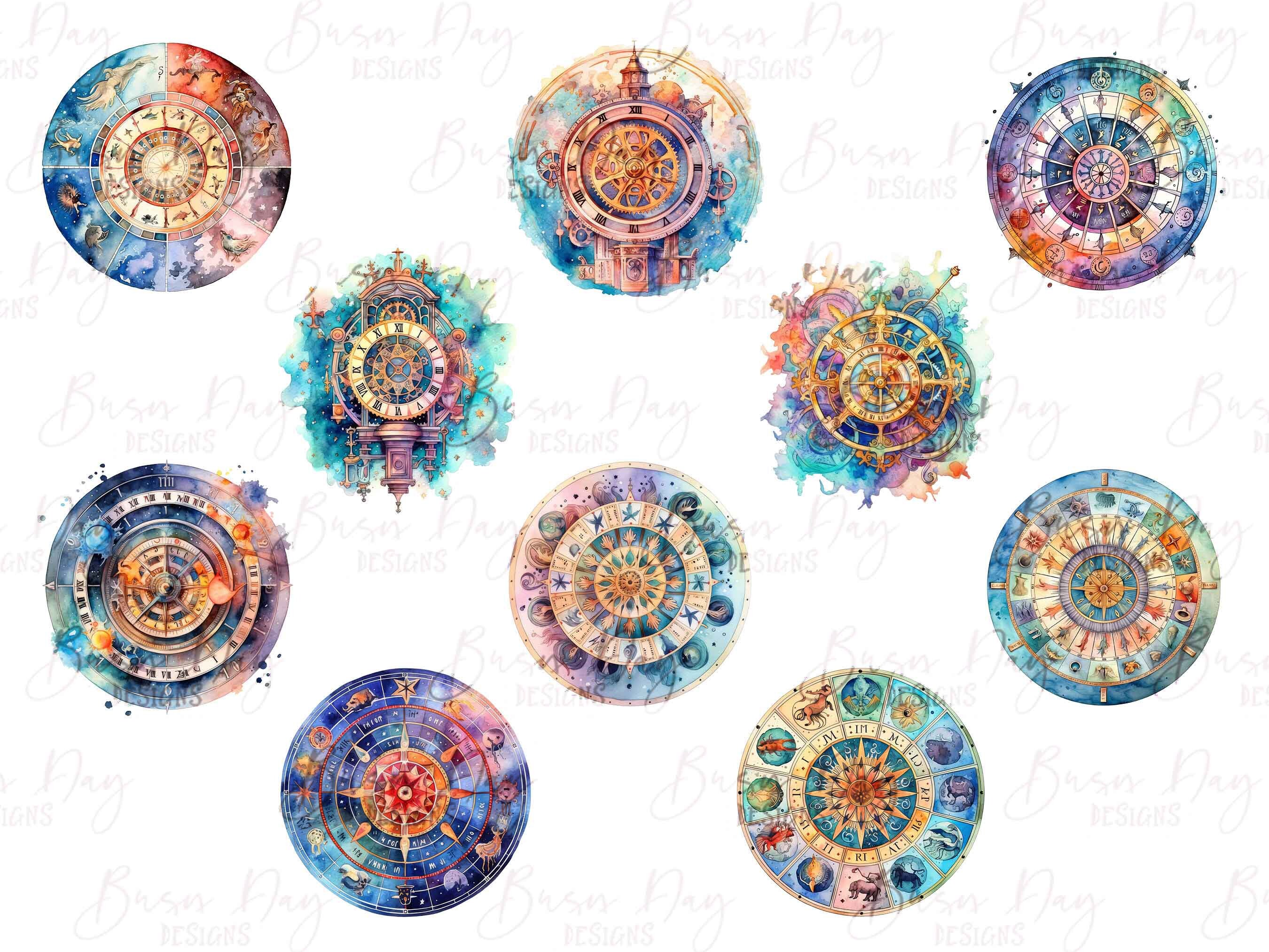 Watercolor Celestial Time Wheel Clipart: 28 PNG Graphics (digital ...