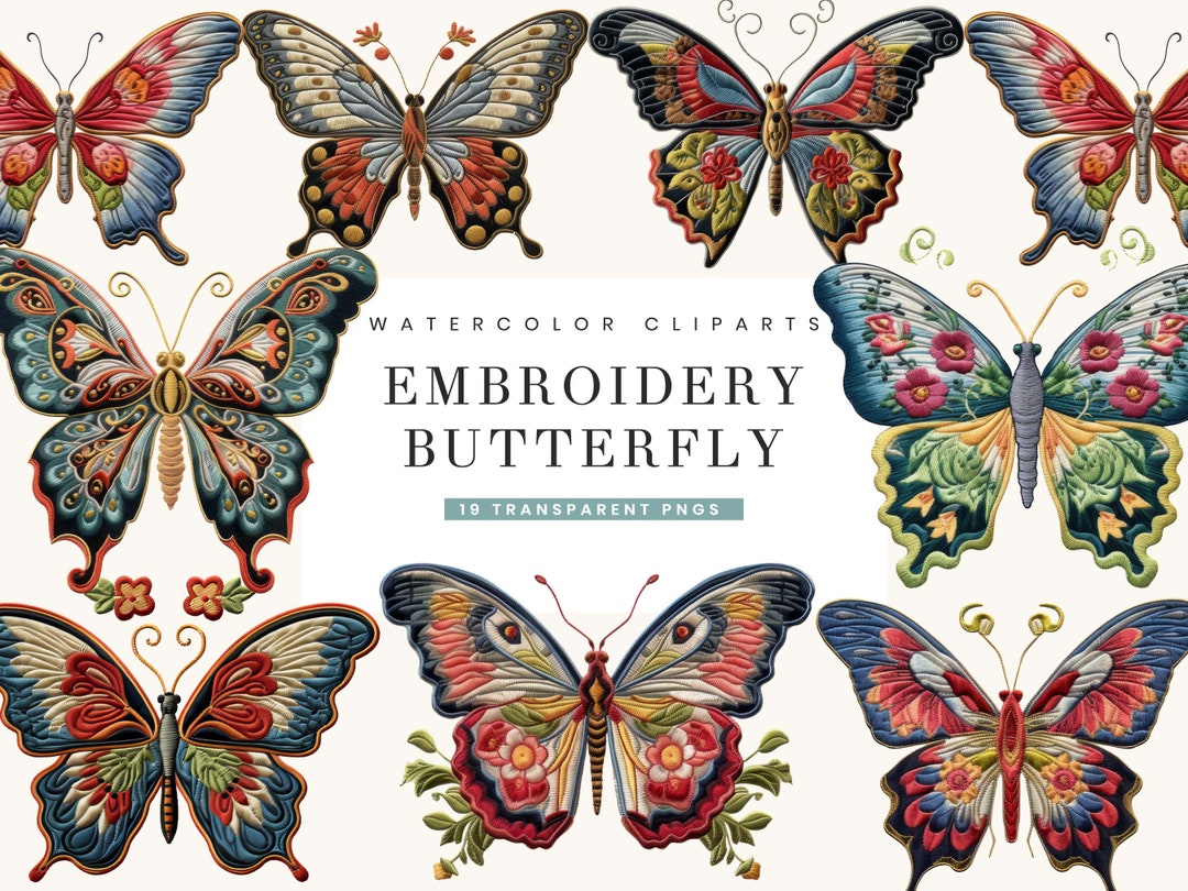 Watercolor Embroidery Butterfly Clipart Bundle: 19 PNG Designs (digital ...