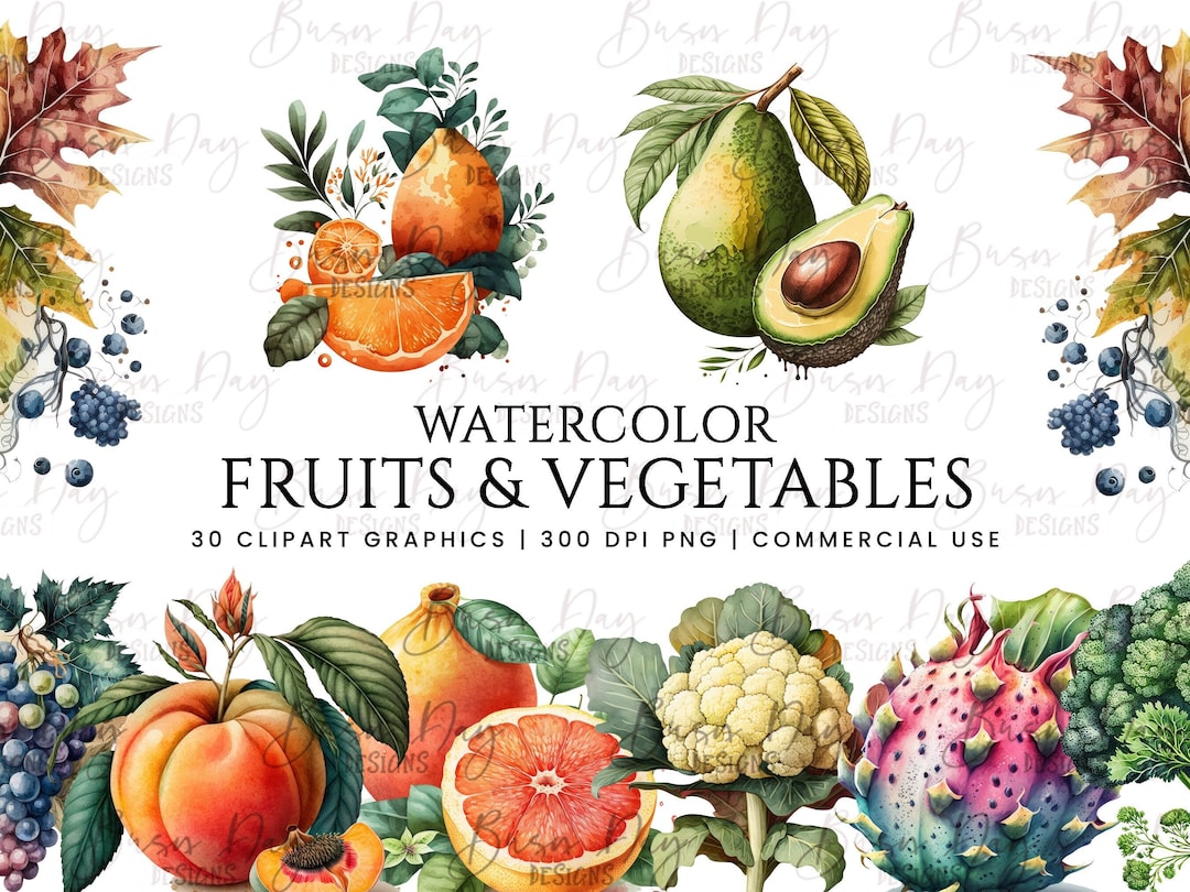 30 Watercolor Vintage Fruits & Vegetables Clipart , Watercolor Clipart ...