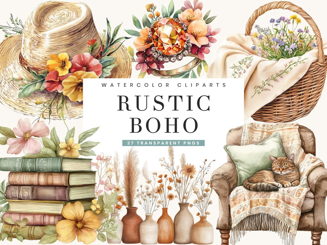 27 Watercolor Rustic Boho Clipart Bundle Sublimation Designs Digital ...