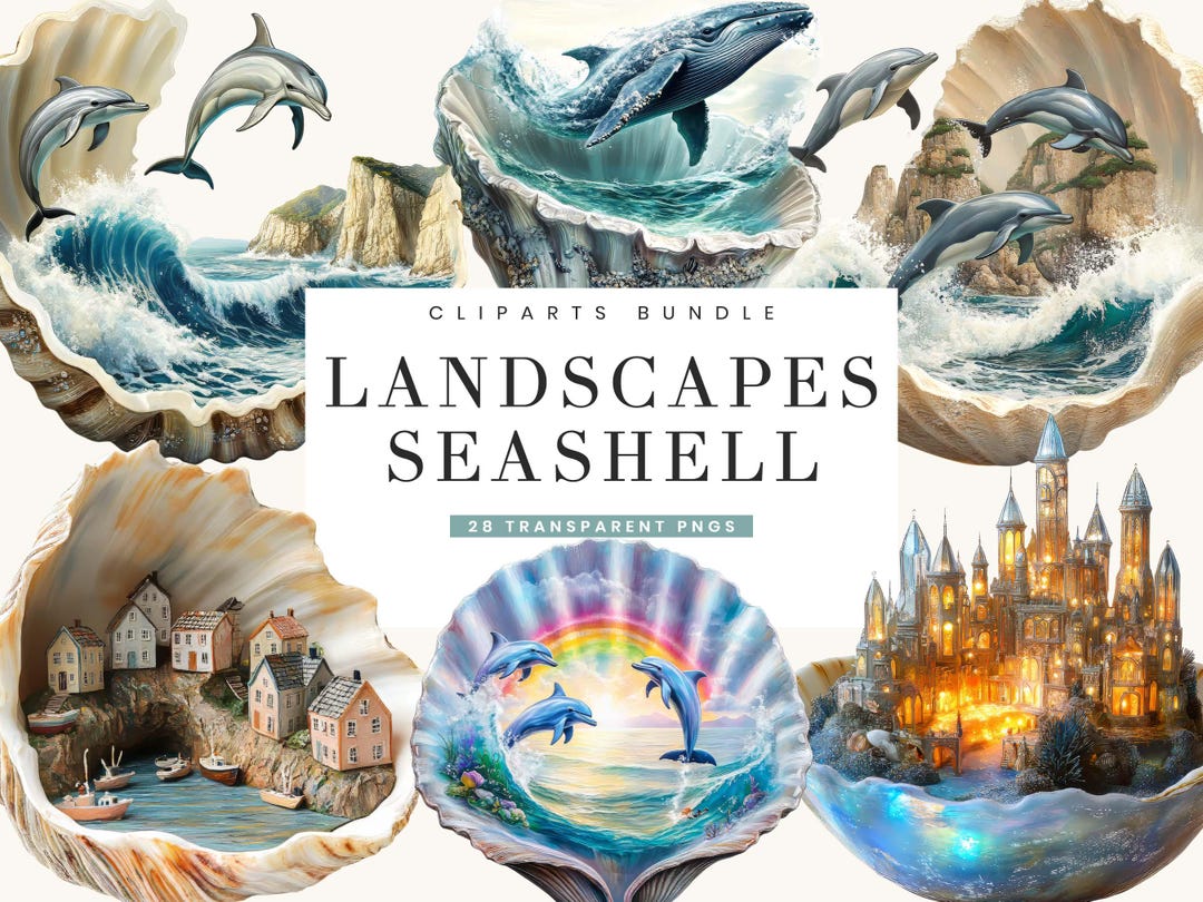 Seashell Landscape Clipart Bundle: Watercolor Coastal Designs (PNG ...