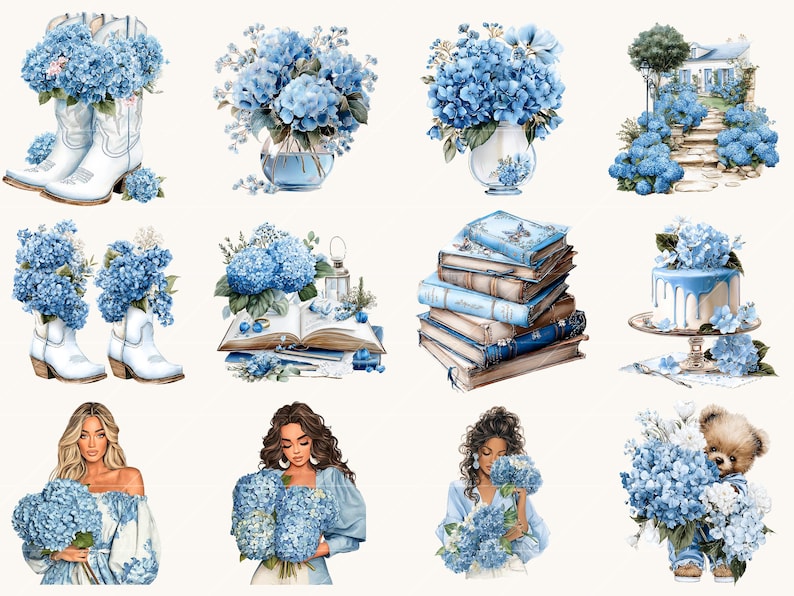 48 Watercolor Blue Hydrangea Flowers Clipart Bundle Sublimation Designs ...