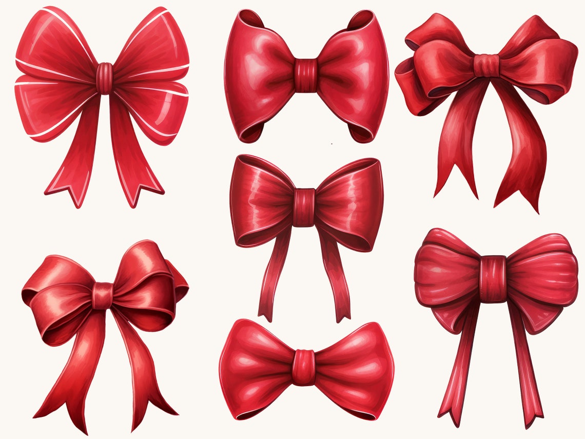 Watercolor Red Ribbon Bows Clipart: 30 PNG Designs (digital Download ...