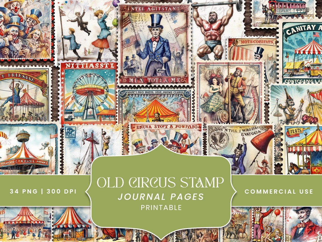 34 Old Circus Stamp Journal Paper Bundle, Digital Scrapbooking, Digital ...