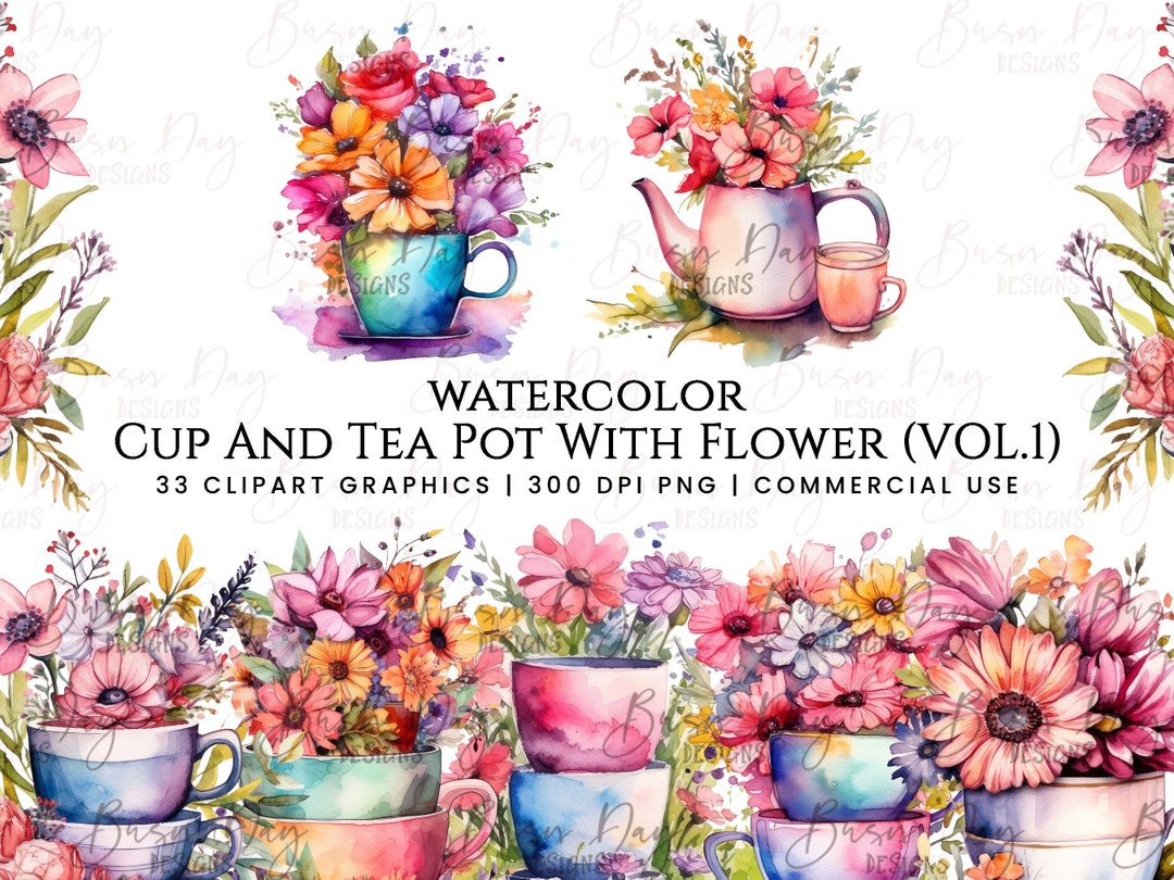 Watercolor Teapot & Cup Clipart: Floral PNG Set (digital Download) - Etsy