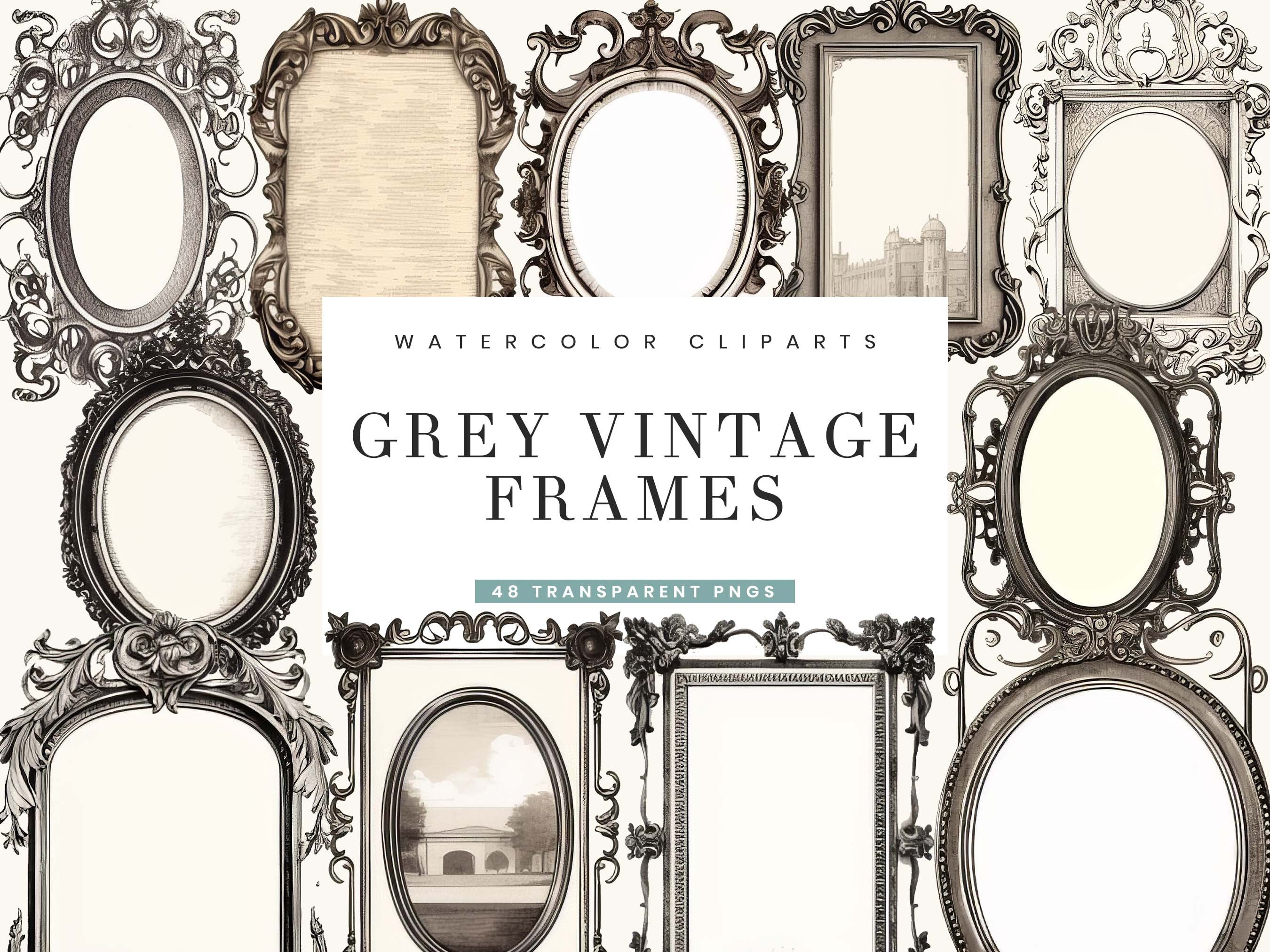 Grey Vintage Frames Clipart Bundle: Watercolor Line Art (PNG Files) - Etsy