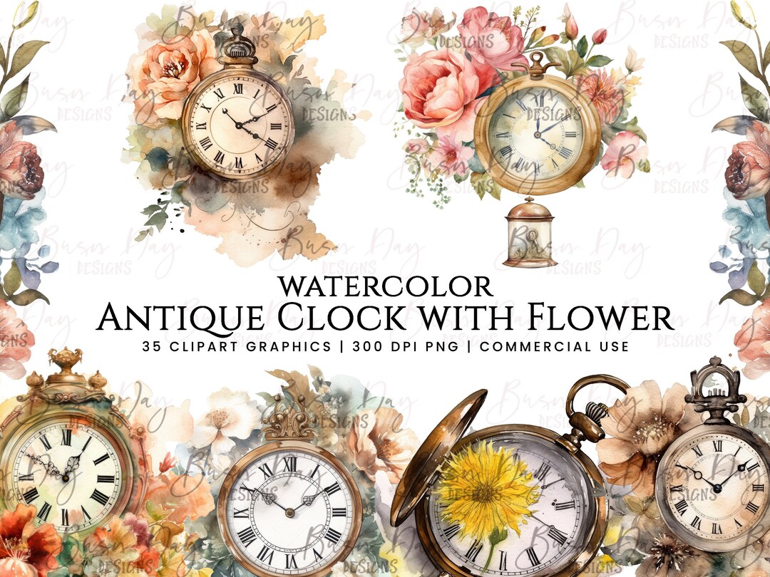 Watercolor Antique Clock Clipart: Floral Design PNG Bundle (digital ...