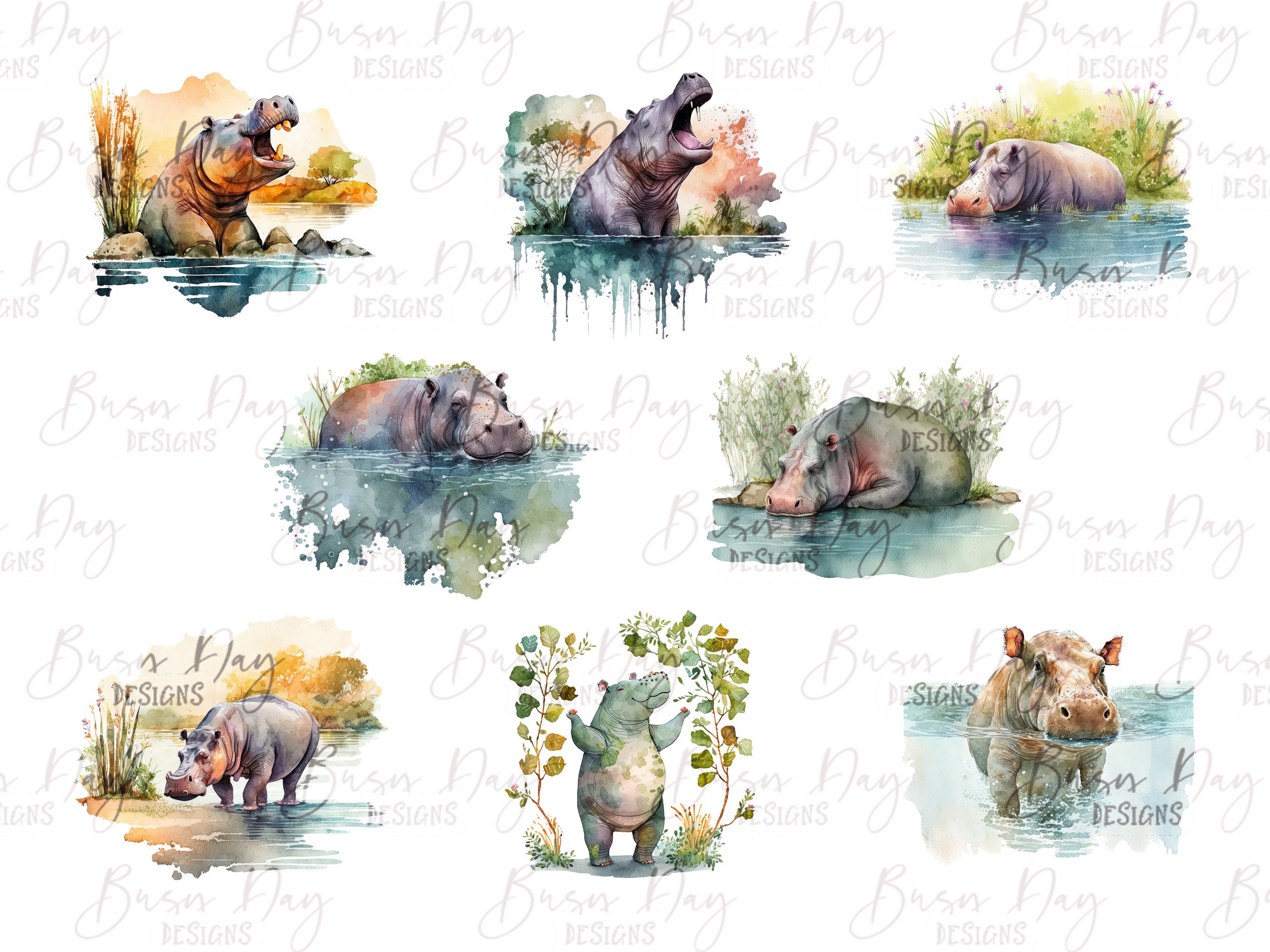 Watercolor Hippopotamus Clipart Clipart Bundle Commercial - Etsy