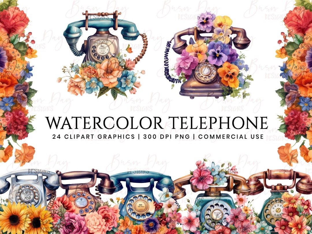 Watercolor Telephone Clipart Bundle: Floral PNG Graphics (digital ...