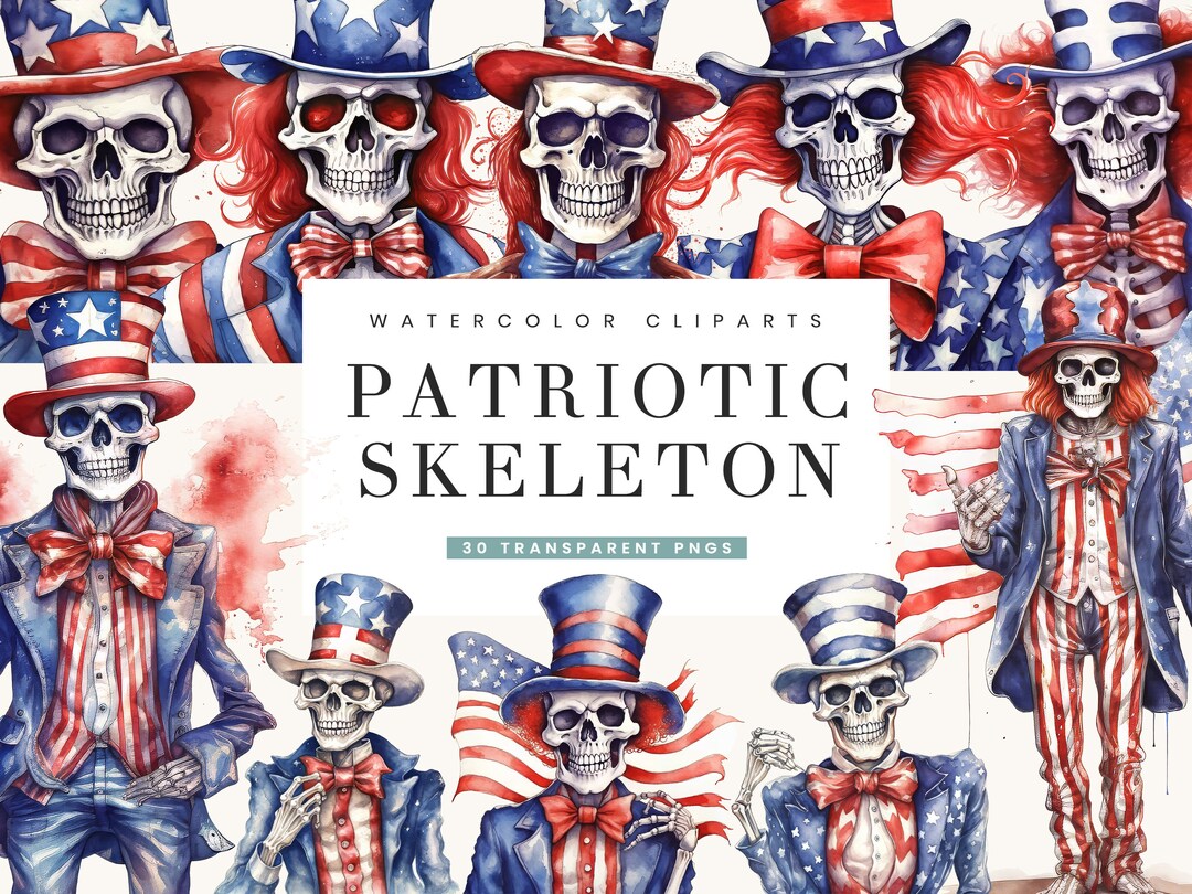 30 Watercolor Patriotic Skeleton Clipart Bundle Sublimation Designs ...
