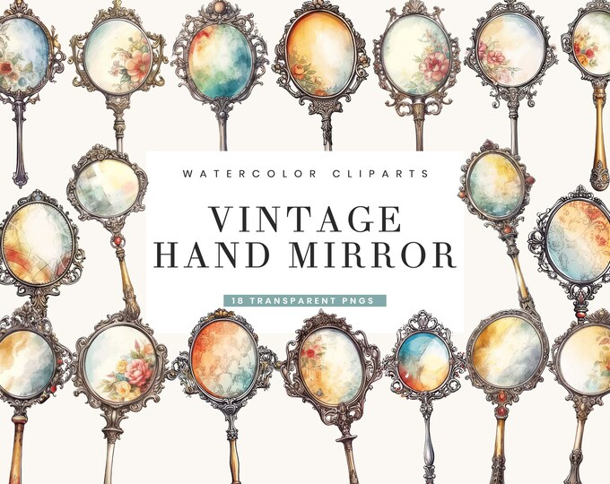 12x Vintage Mirror PNG Clipart, Floral Hand Mirror Clip Art Set ...