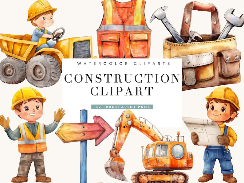 Watercolor Construction Clipart Bundle: 32 PNG Designs (digital ...