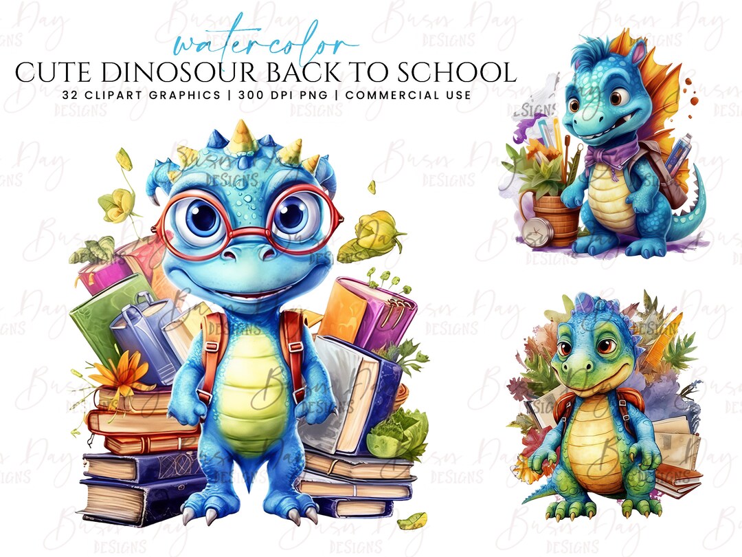 Watercolor Cute Dinosour Back to School Clipart Bundle - Etsy