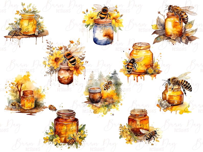 Watercolor Bees Clipart Bundle: 30 PNG Designs (digital Download ...