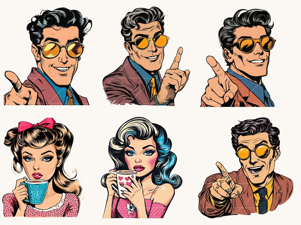 Pop Art Characters Clipart: 30 PNG Watercolor Designs (digital Download ...