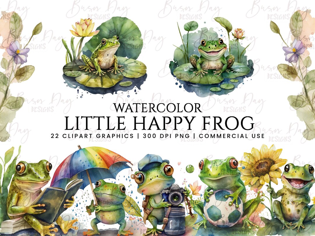 Watercolor Frog Clipart Bundle: Happy Frog Designs (digital Download ...