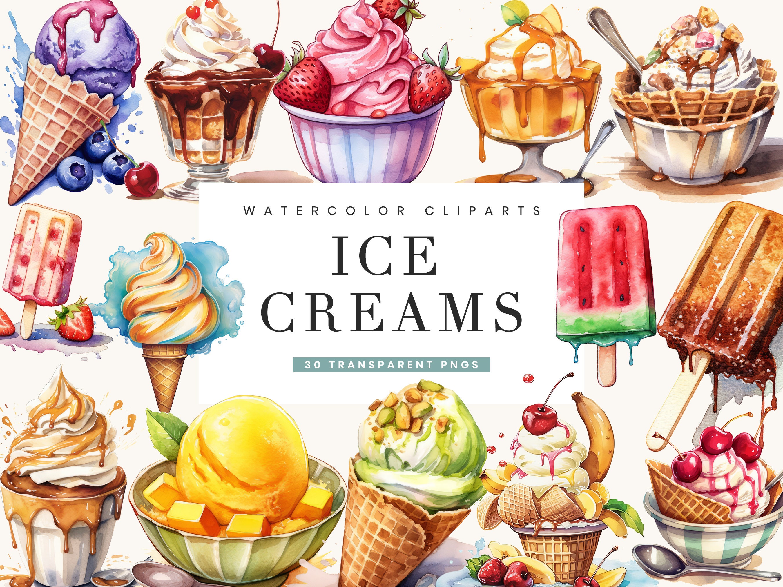 30 Watercolor Ice Cream Clipart Bundle , Watercolor Clipart, Digital ...