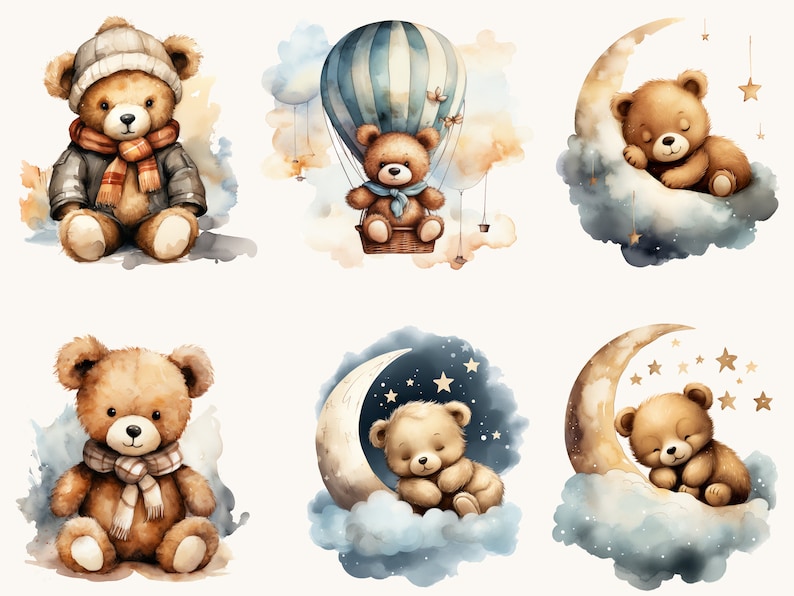 24 Watercolor Cute Teddy Bear Clipart Bundle Sublimation Designs ...