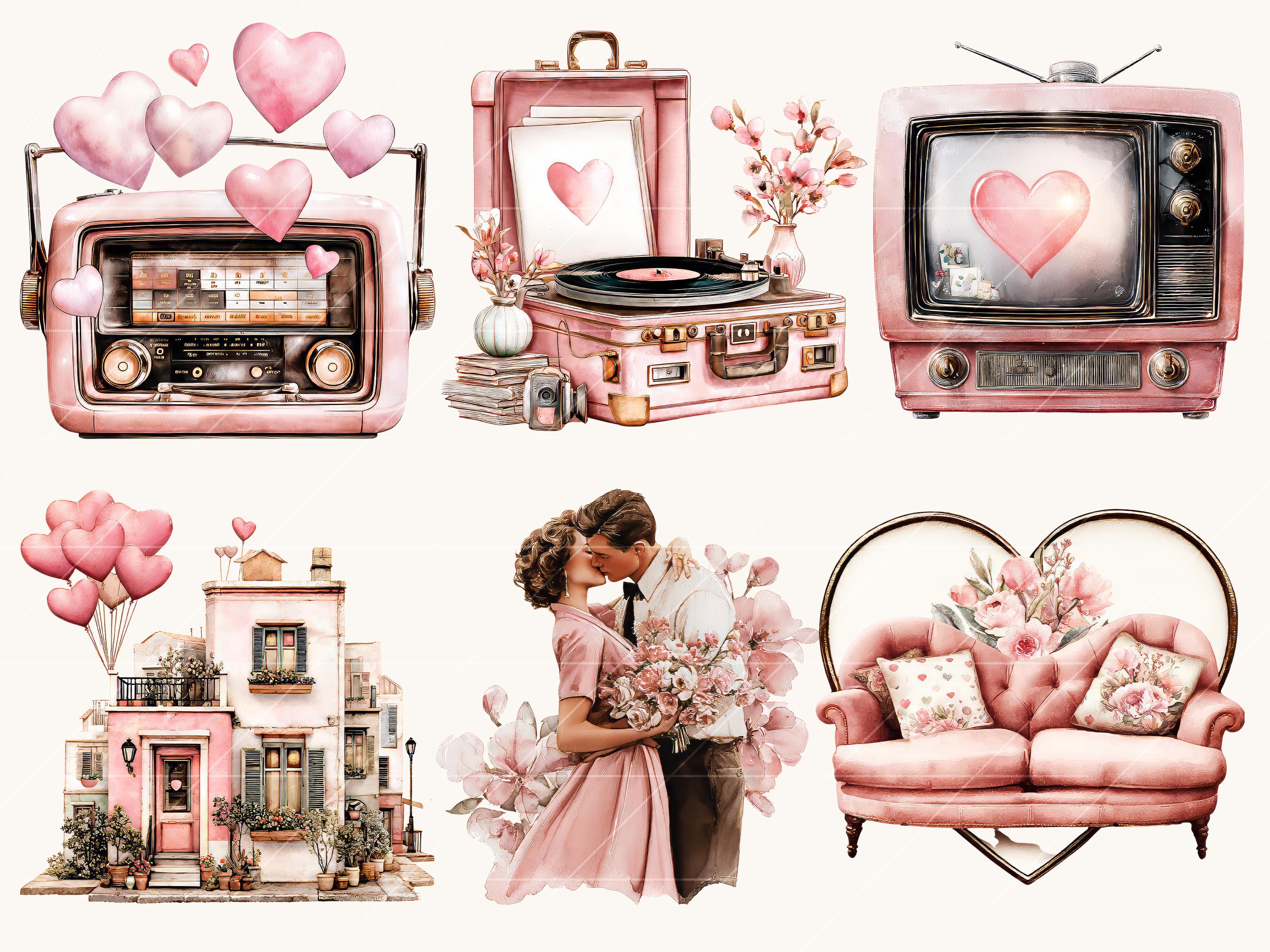 30 Watercolor Retro Valentine Clipart Bundle, Retro Couple, Valentine's ...
