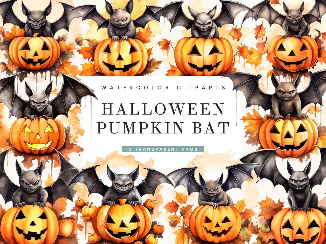 19 Watercolor Pumpkin Bat Clipart Bundle Sublimation Designs, Instant ...