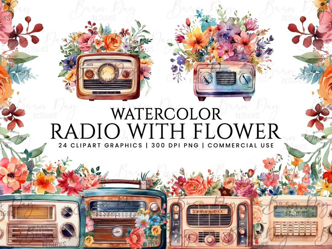 Watercolor Radio With Flowers Clipart Bundle (digital Download) - Etsy