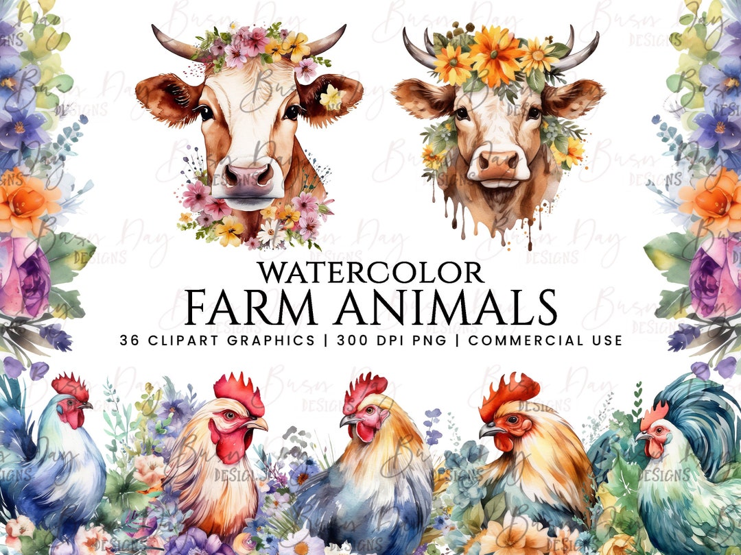 Watercolor Farm Animals Clipart Bundle: Commercial Use (digital ...