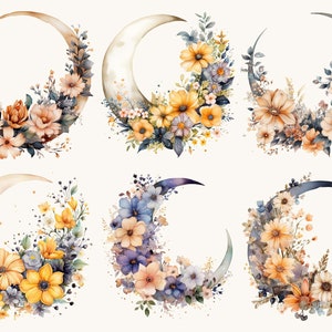 23 Watercolor Floral Moon Clipart Bundle Sublimation Designs Digital ...