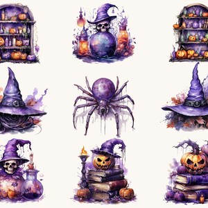 41 Watercolor Purple Halloween Elements Clipart Bundle Printable Wall ...