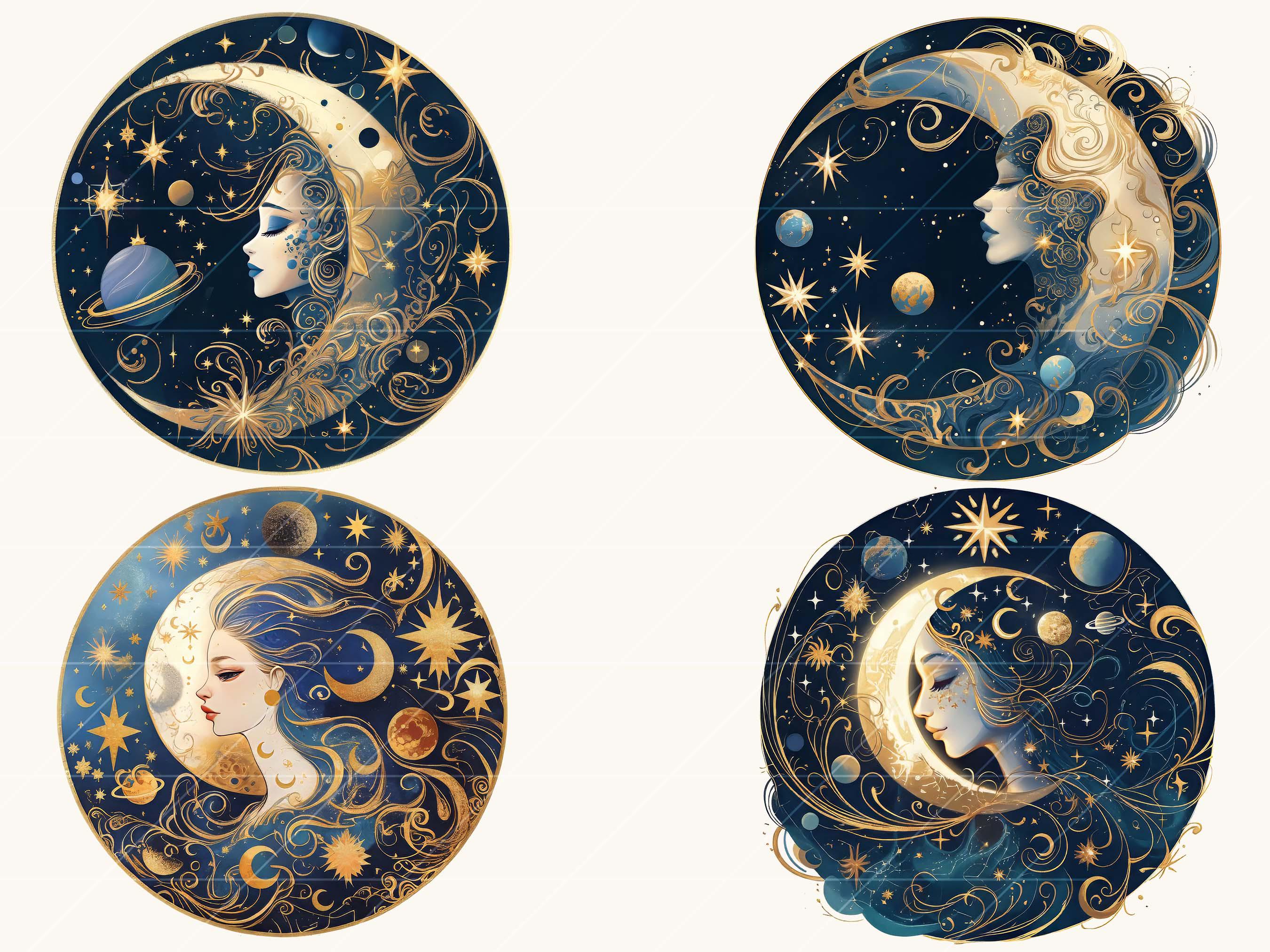 Watercolor Mystical Moon Clipart: Celestial PNG Bundle (digital ...